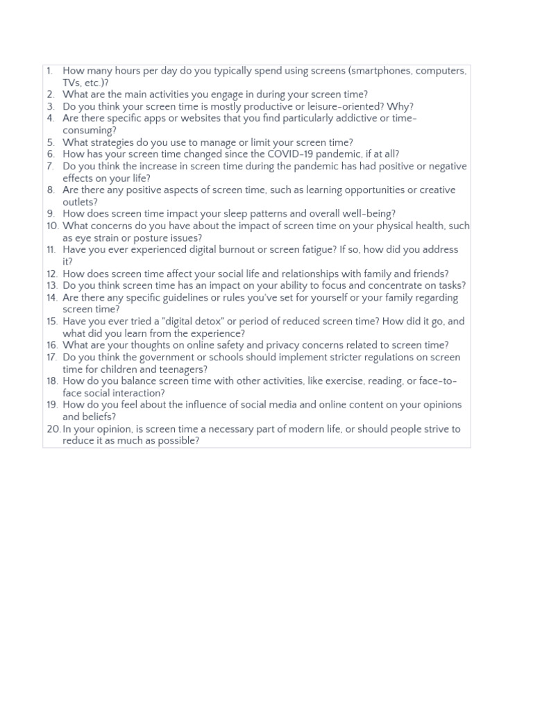 Screen Time Discussion Questions | PDF