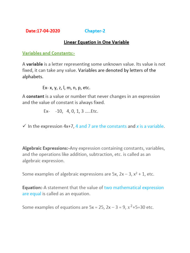 02 Linear Equations Notes | PDF | Equations | Variable (Mathematics)