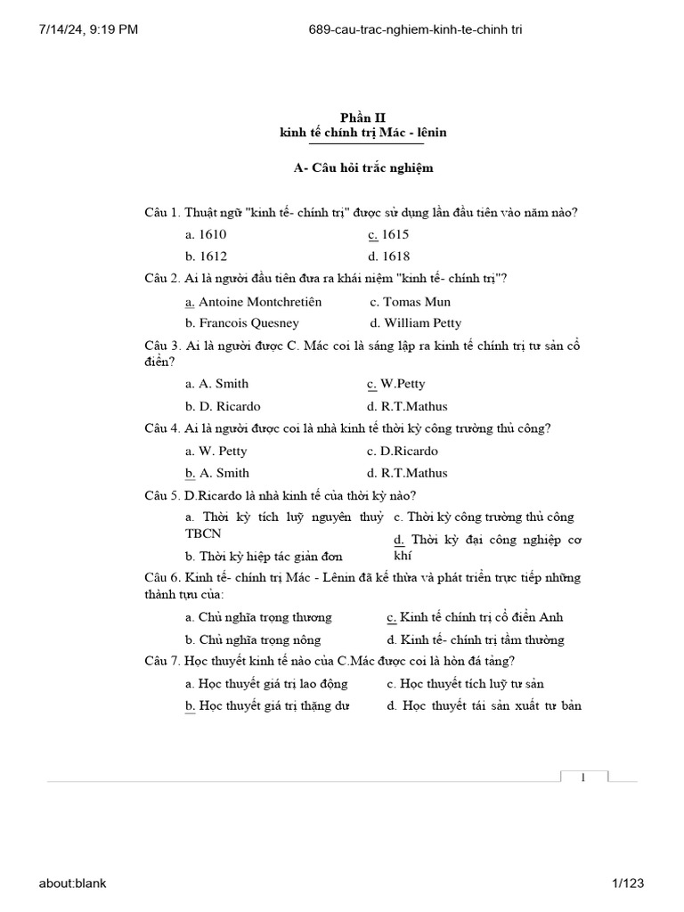 689-Cau-Trac-Nghiem-Kinh-Te-Chinh Tri | PDF