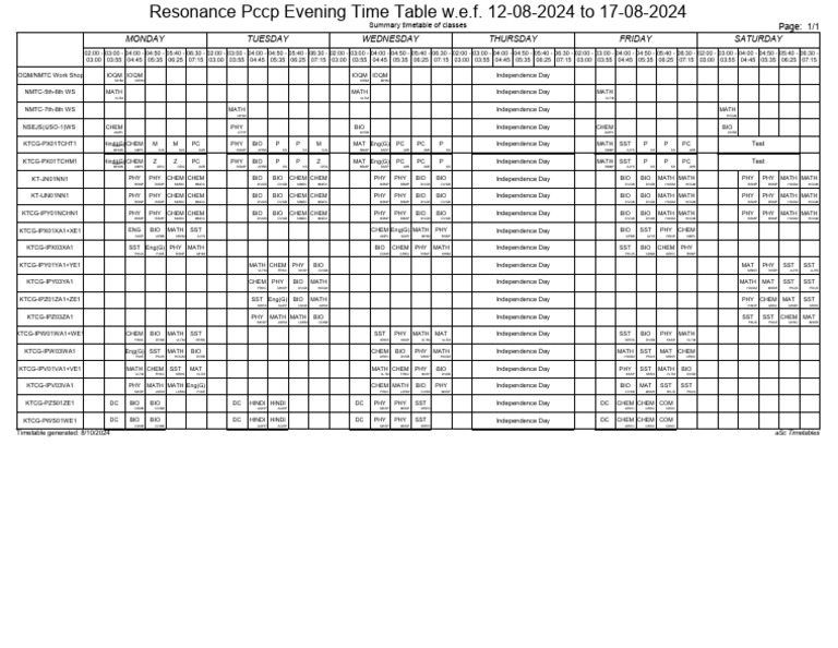 Evening Time Table W e F 12-08-2024 To 17-08-2024 | PDF