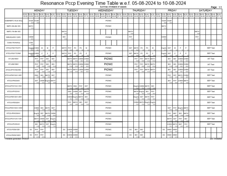 Evening Time Table W e F 05-08-2024 To 10-08-2024 | PDF