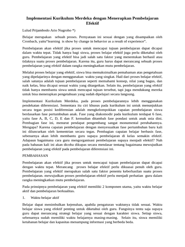 Implementasi Kurikulum Merdeka dengan Menerapkan Pembelajaran Efektif | PDF
