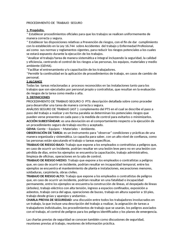 PROCEDIMIENTO DE TRABAJO SEGURO | PDF