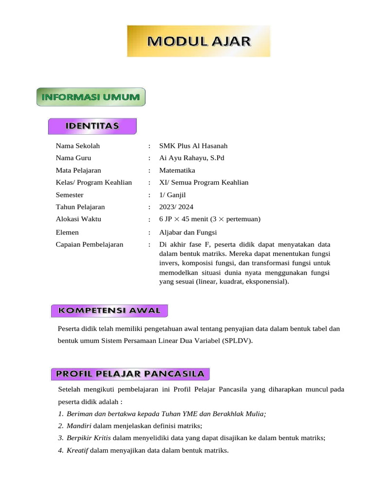 Modul Ajar Matematika - Matriks | PDF | Karier & Perkembangan