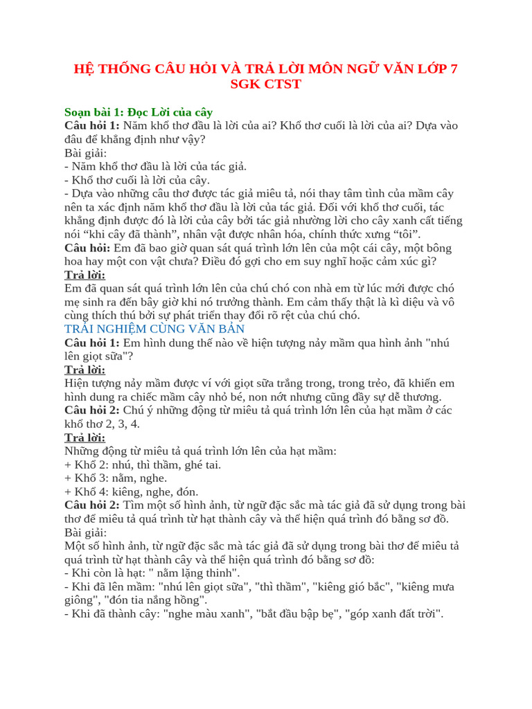 BÀI 1 - HỆ THỐNG CÂU HỎI VÀ TRẢ LỜI MÔN NGỮ VĂN LỚP 7 SGK CTST | PDF