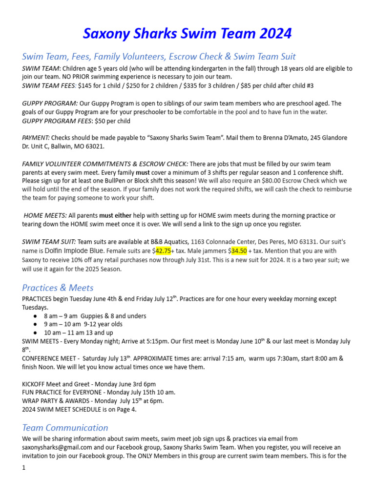 2024 Saxony Swim Team Info Letter | PDF | Swimming (Sport)