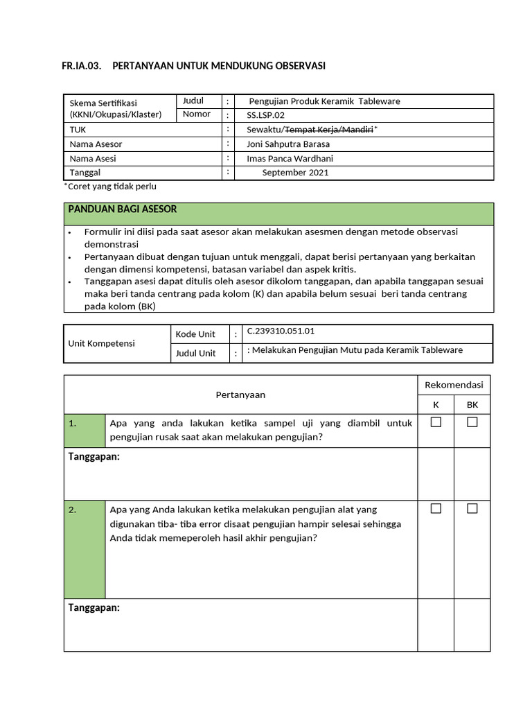 FR - IA.03 Pertanyaan Untuk Mendukung Observasi | PDF