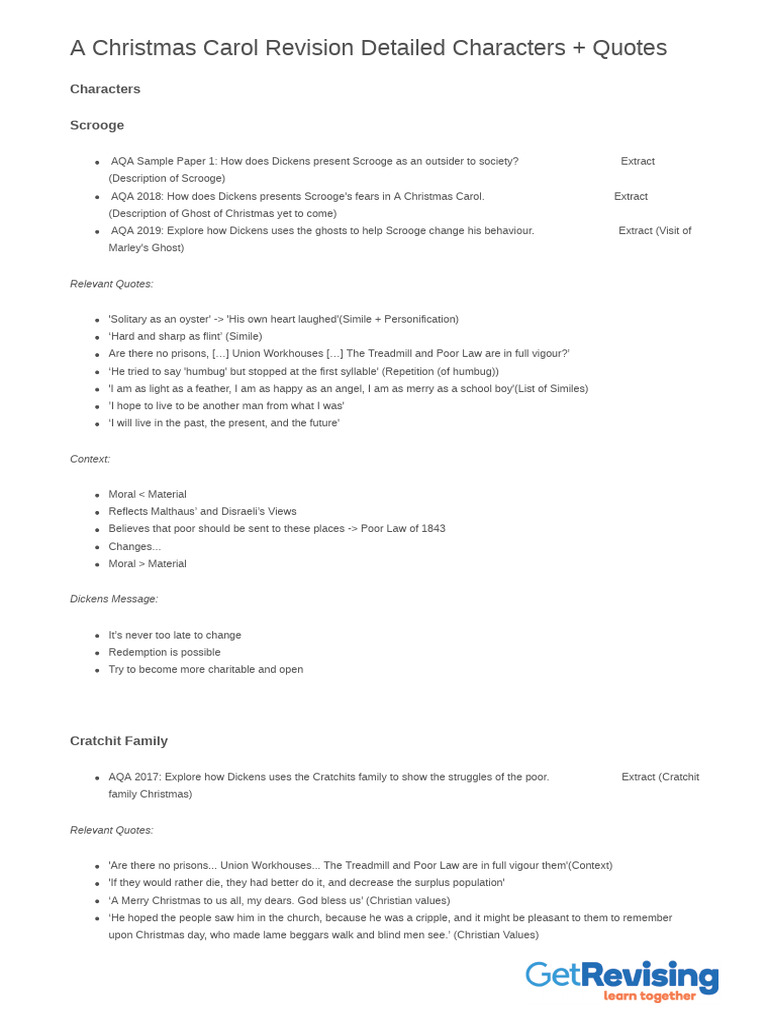 A Christmas Carol Revision Detailed Characters Quotes | PDF | Ebenezer ...
