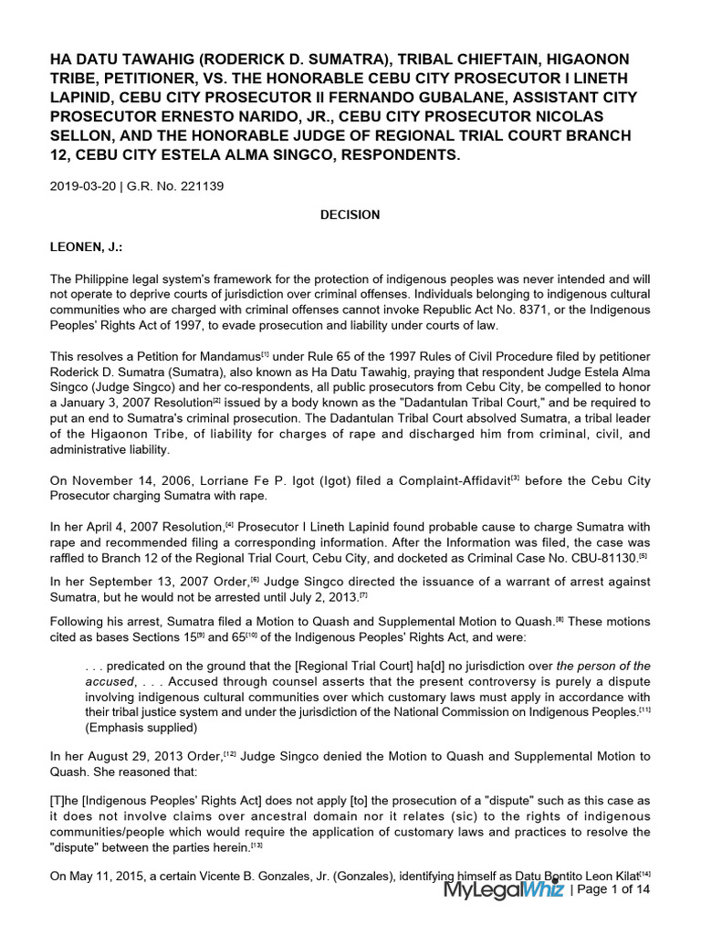 Ha Datu Tawahig V Hon Cebu City Prosecutor, GR 221139, 3-20-19 | PDF ...