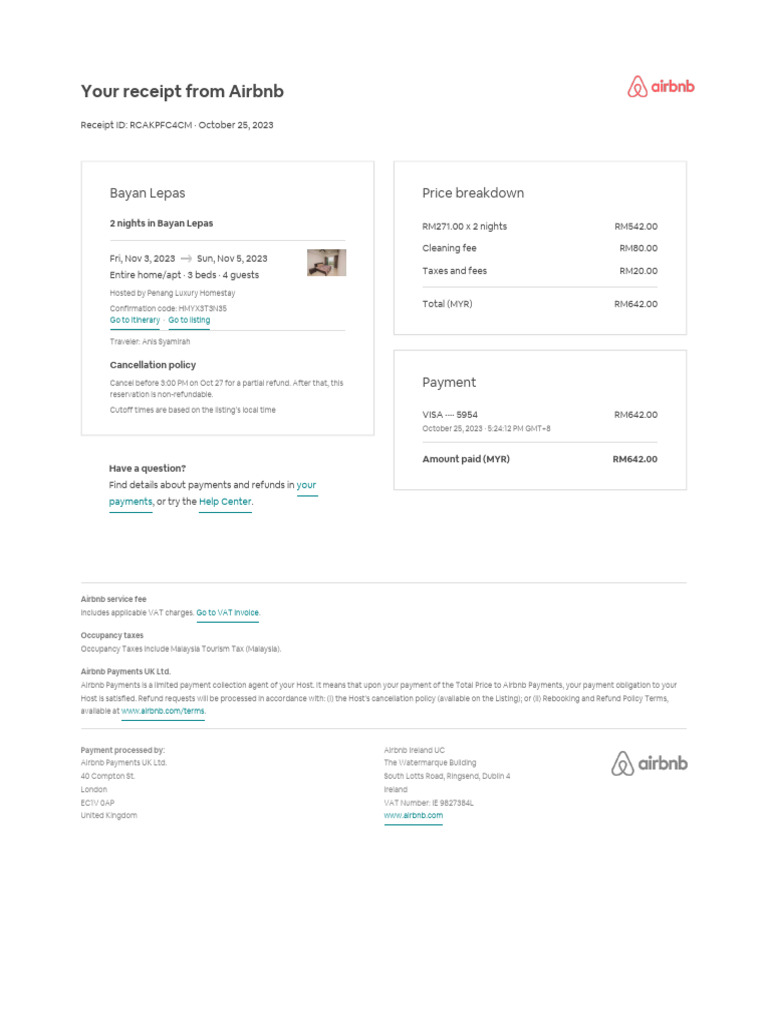 Airbnb Travel Receipt RCAKPFC4CM | PDF | Receipt | Value Added Tax