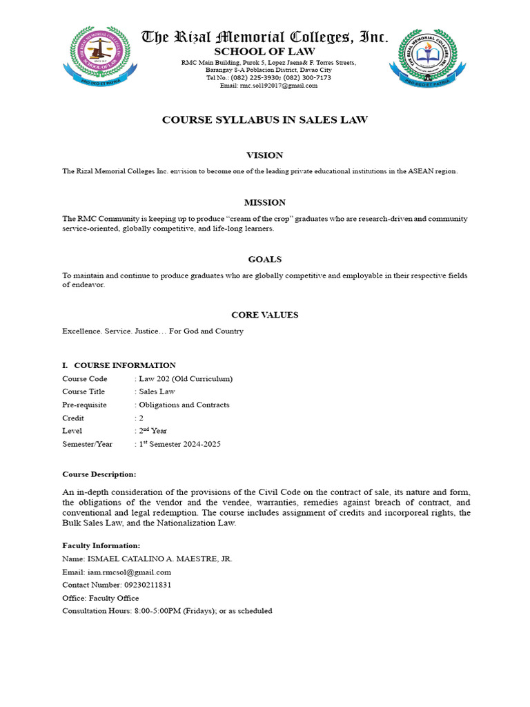 Course Syllabus in Sales Law Old Curriculum | PDF | Mortgage Law ...