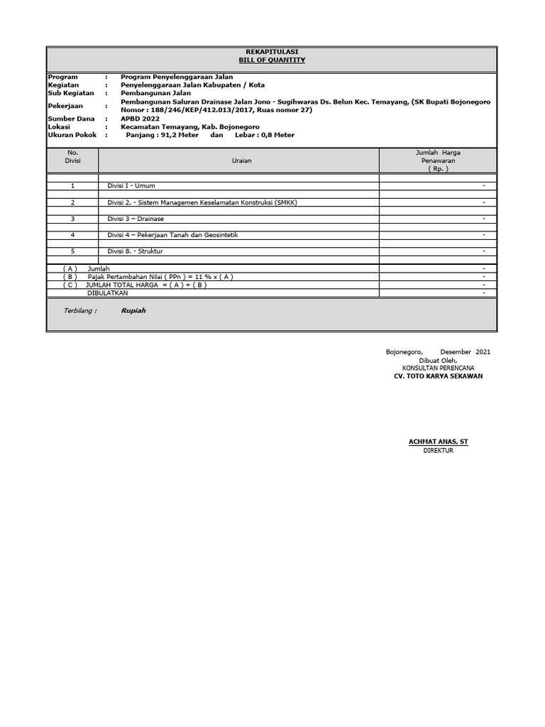 BOQ Pembangunan Saluran Drainase Jalan Jono - Sugihwaras Ds. Belun Kec. Temayang 1 | PDF