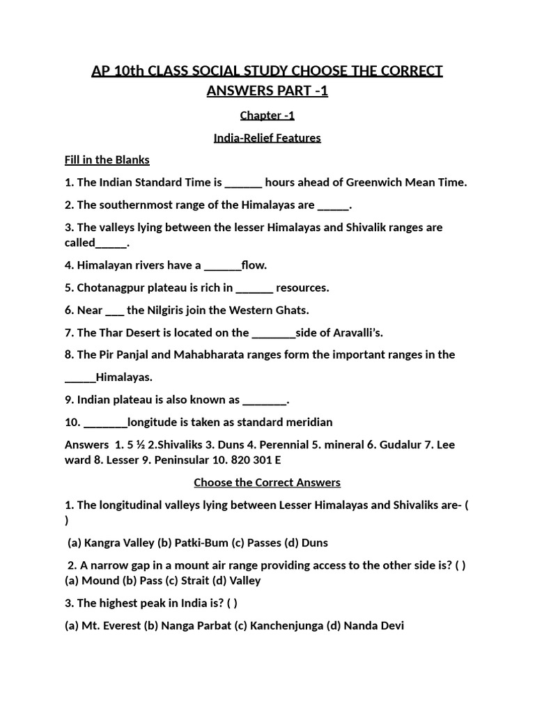 AP 10th Class Social Study Choose the Correct Answers Part 1 | PDF ...