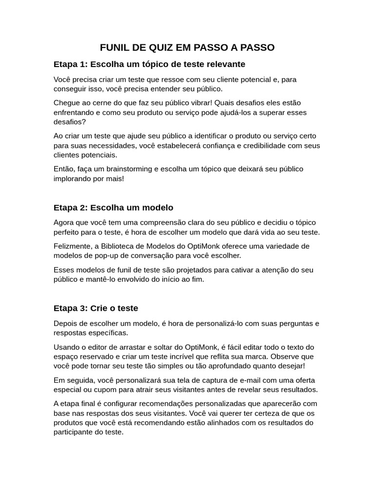 FUNIL DE QUIZ EM PASSO A PASSO | PDF