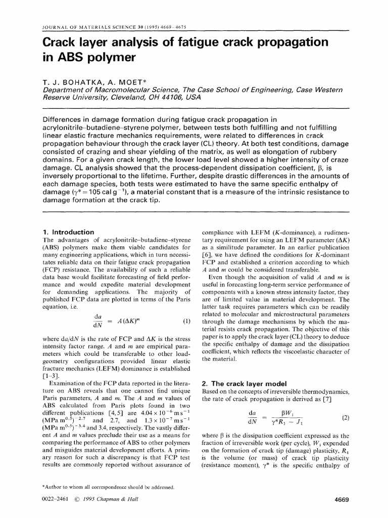 Crack Layer Analysis of Fatigue Crack Propagation in ABS Polymer | PDF ...