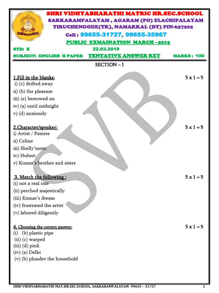 ENGLISH II Answer Key TN 10th Exam March 2019 - SVB School | PDF | Spirituality | Egyptian Pyramids