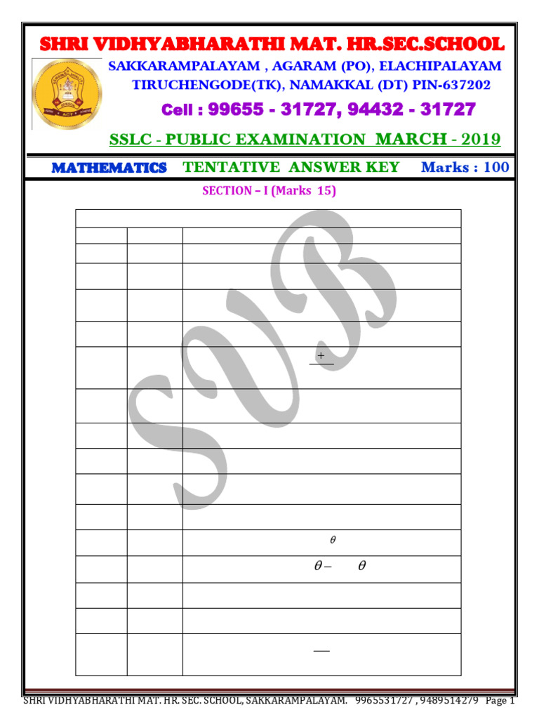 SSLC Maths Answer Key 2019 | PDF | Mathematical Analysis | Matrix Theory