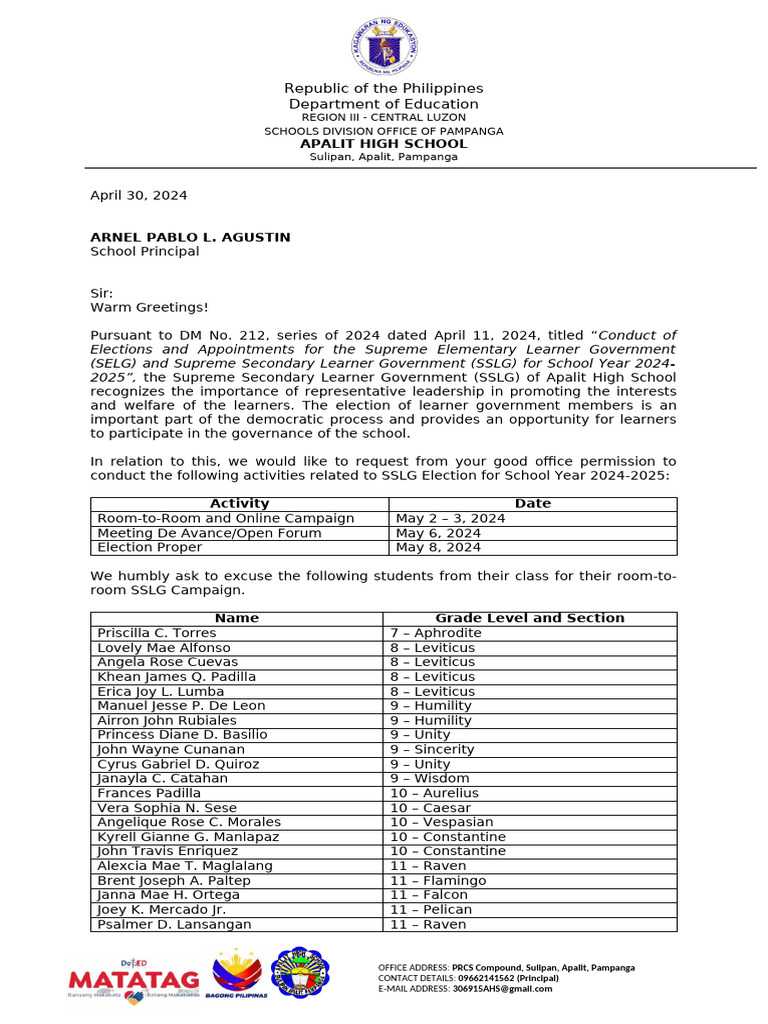 Apalit HS SSLG Election Notice | PDF | Wellness