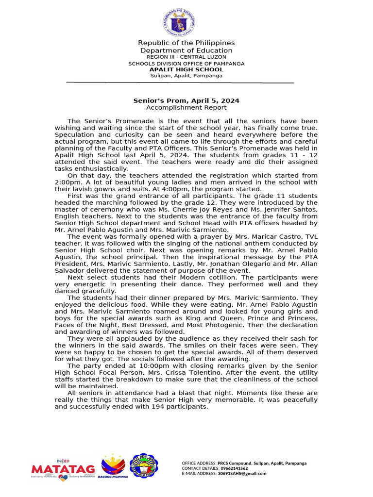 Accomplishment Report Prom | PDF