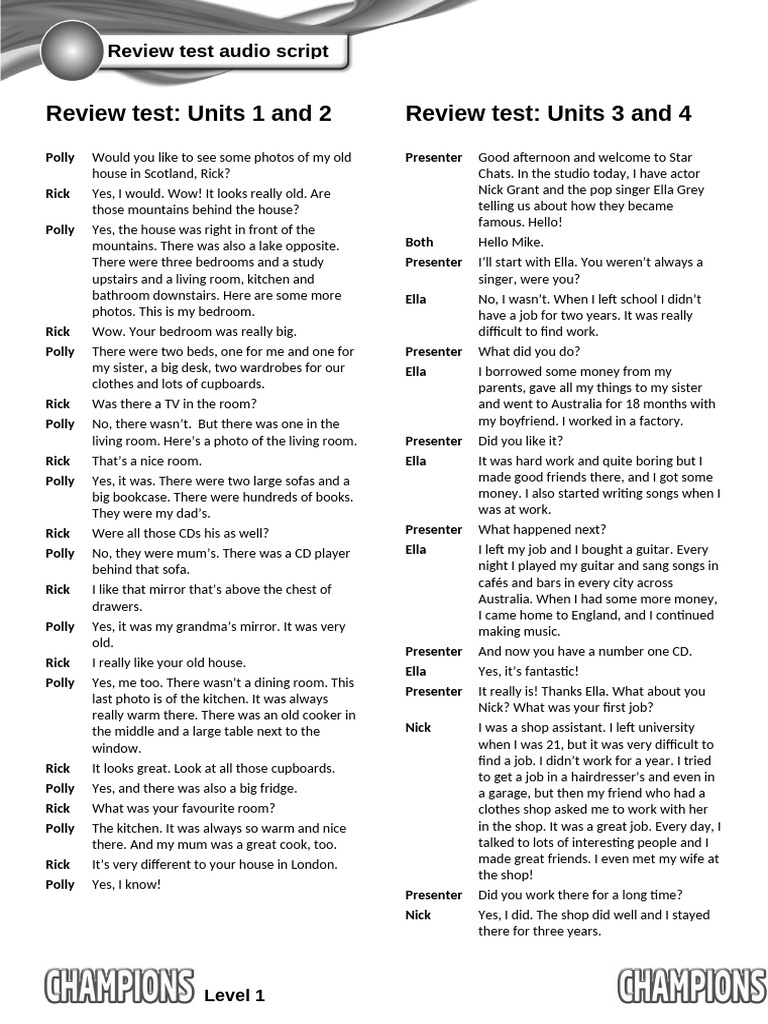 Champions Level 1 Review Tests Audio Script | PDF
