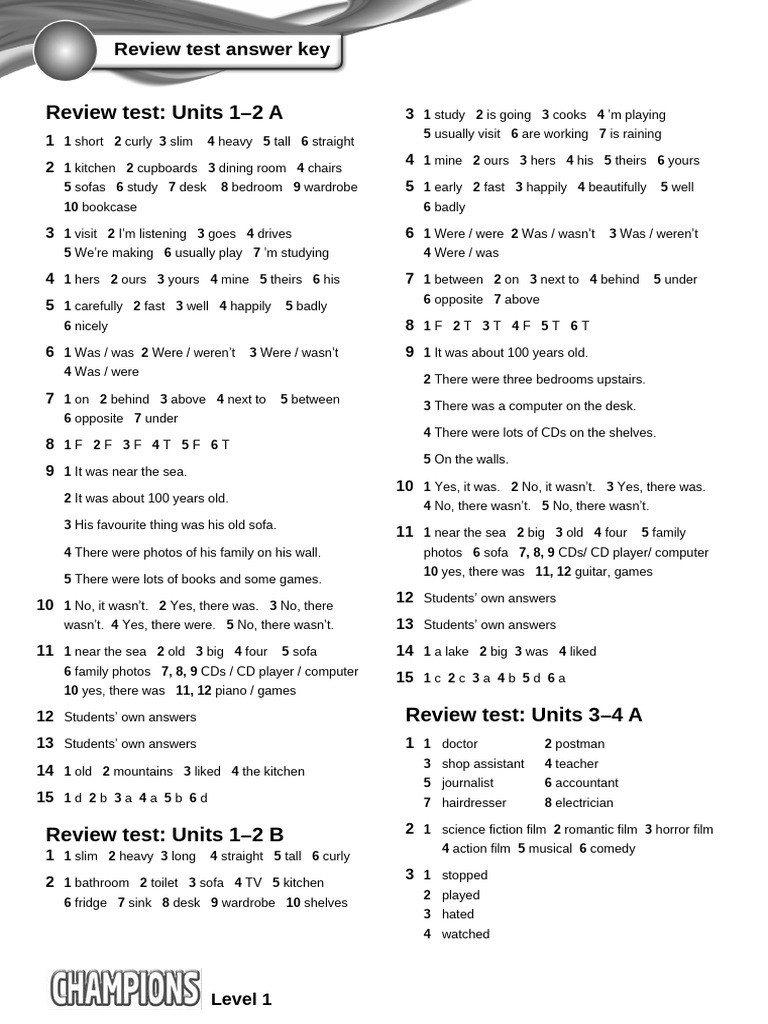 Champions Level 1 Review Tests Answer Key | PDF | Bedroom