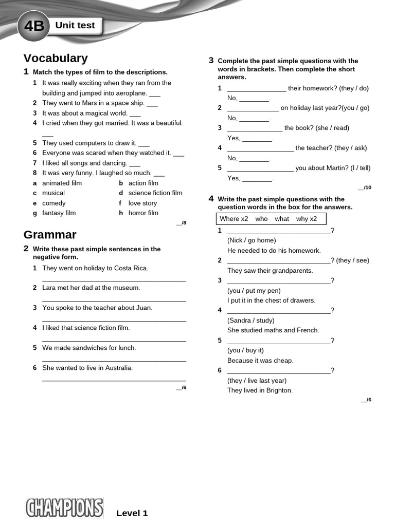 Champions Level 1 Unit Test 4 B | PDF