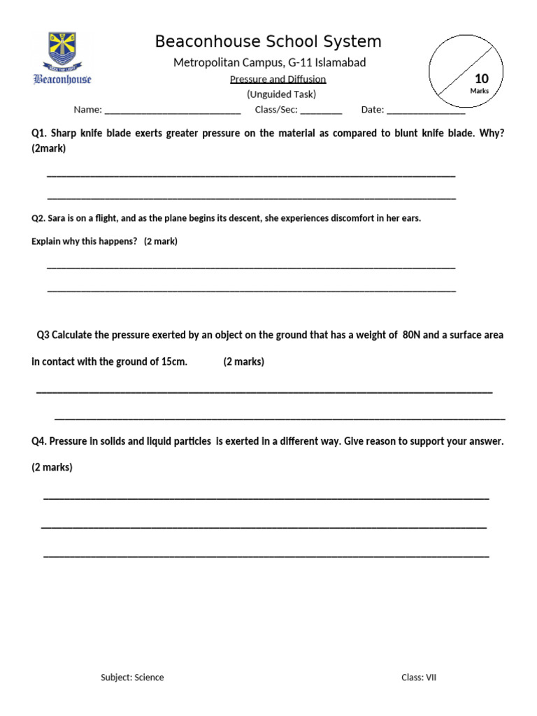 Pressure and Diffusion Worksheet | PDF | Pressure | Mechanics