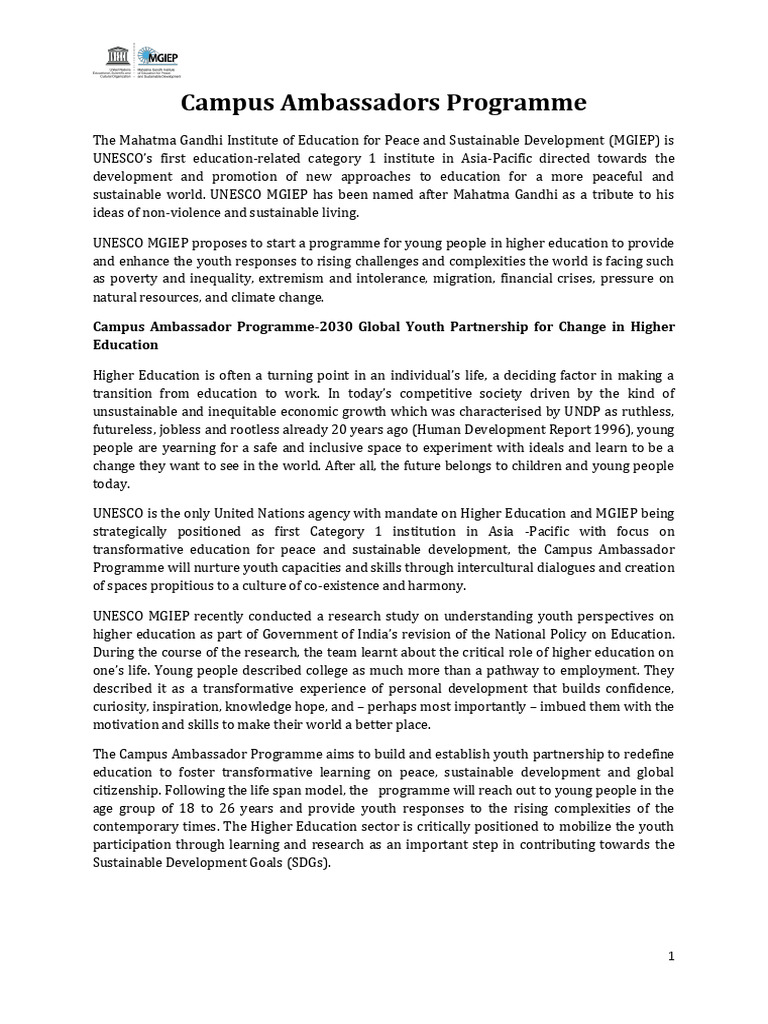 Campus Ambassadors Programme - Draft 24122015 | PDF | Sustainable Development | Sustainability