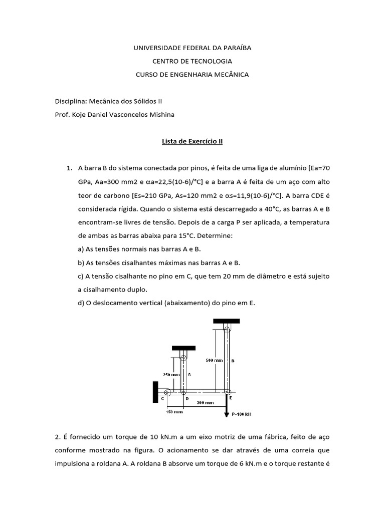 Lista de Exercicio Unidade II 2020 2 | PDF | Estresse (Mecânica) | Eixo
