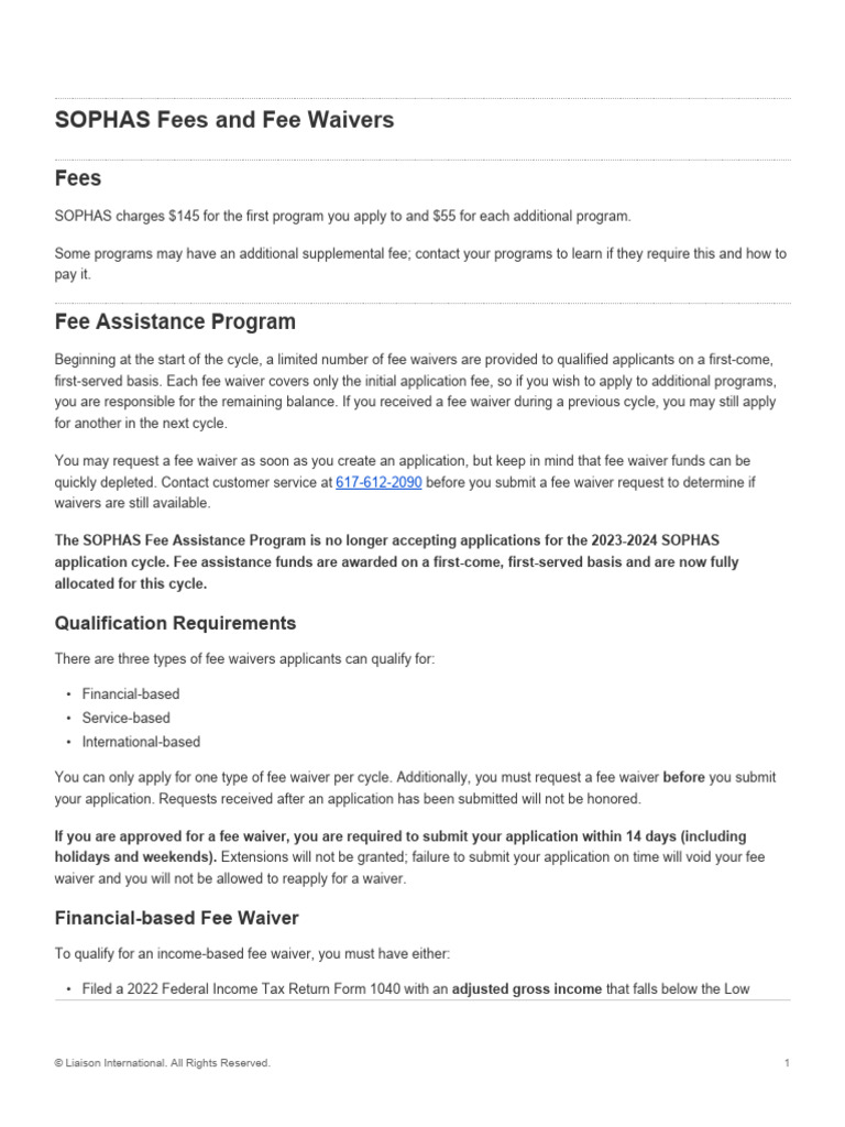 SOPHAS Fees and Fee Waivers | PDF | Payments | Economies