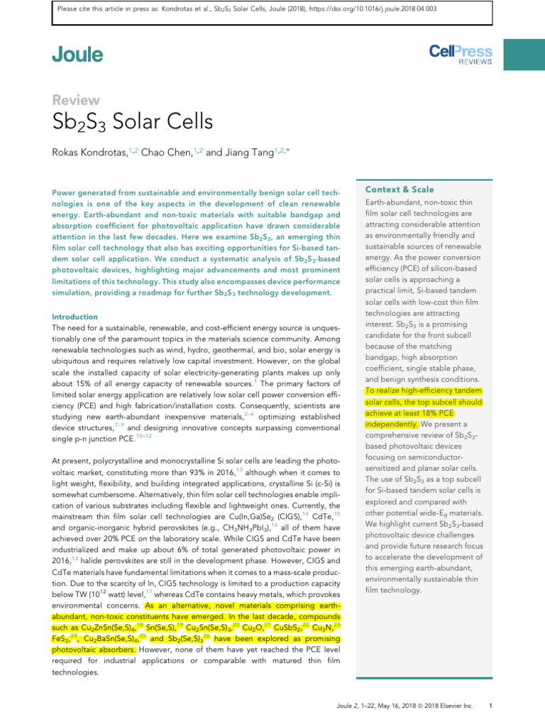 Joule 2018 Sb2S3 Solar Cells | PDF | Solar Cell | Thin Film Solar Cell