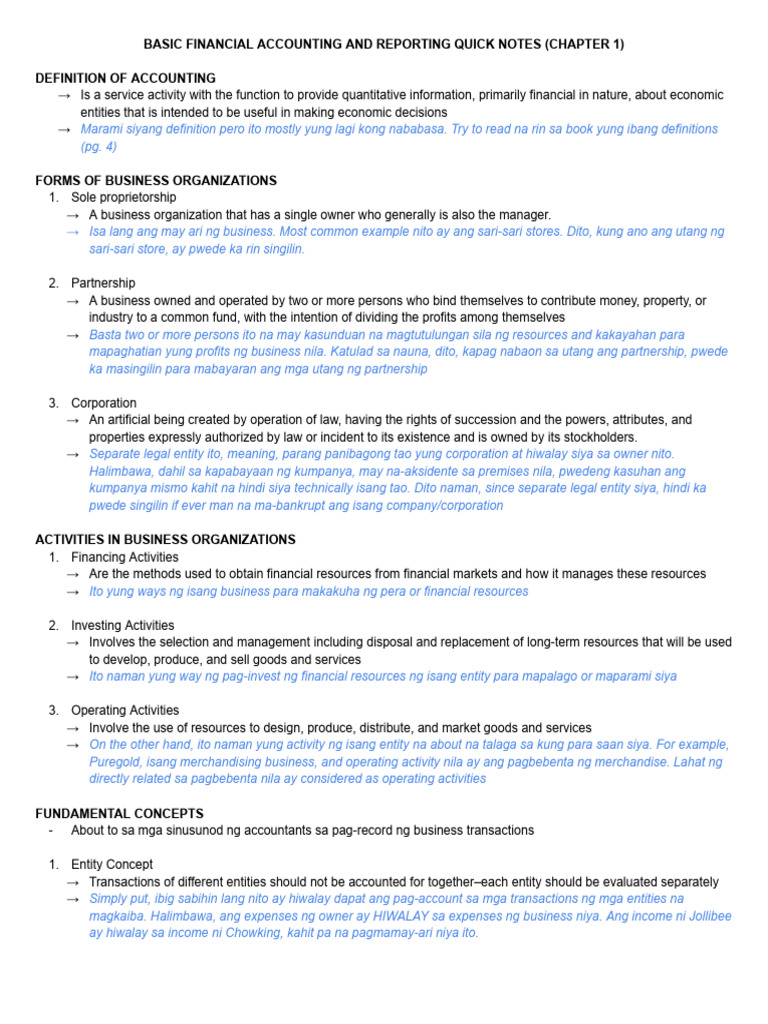 Bfar Chapter 1 Quick Notes | PDF | Historical Cost | Going Concern