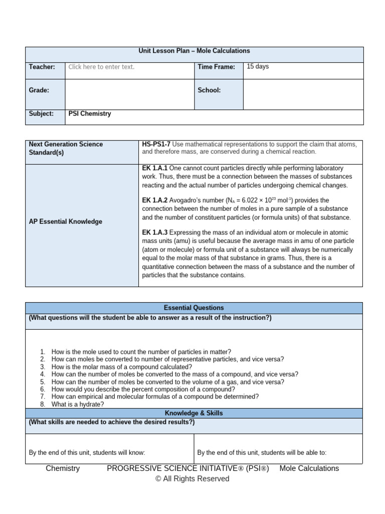 Mole Calculations Unit Lesson Plan | PDF | Mole (Unit) | Molecules
