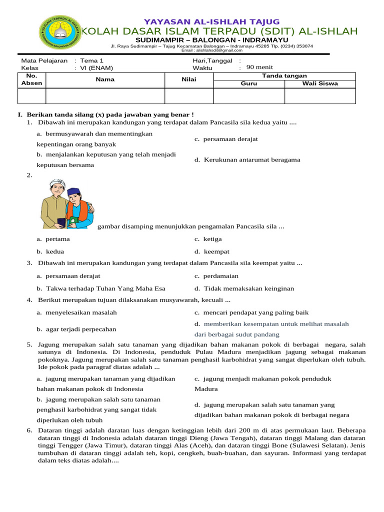 Soal Pts 1 Tematik Tema 1 Sub 1 Dan 2 Kelas 6 SMT 1 - Kasiroh | PDF
