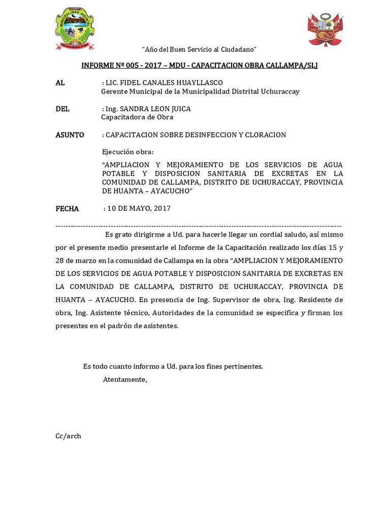 Inf 005 - Capacitacion - Sistema de Cloracion | PDF | Agua | Saneamiento