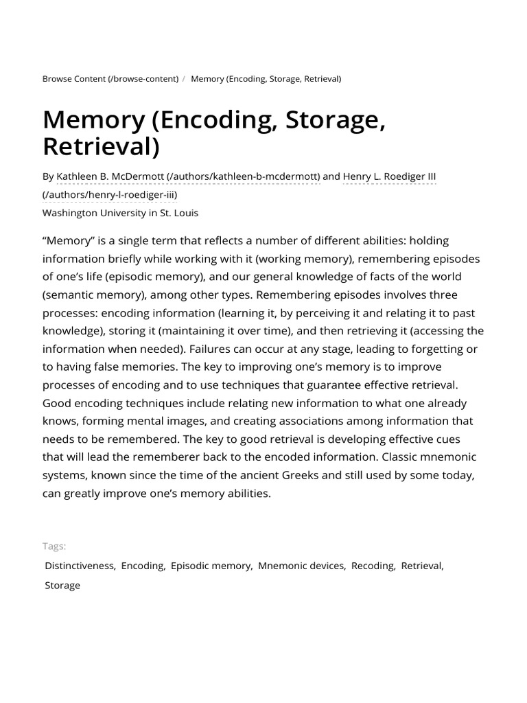 Memory (Encoding, Storage, Retrieval) - Noba | PDF | Recall (Memory ...