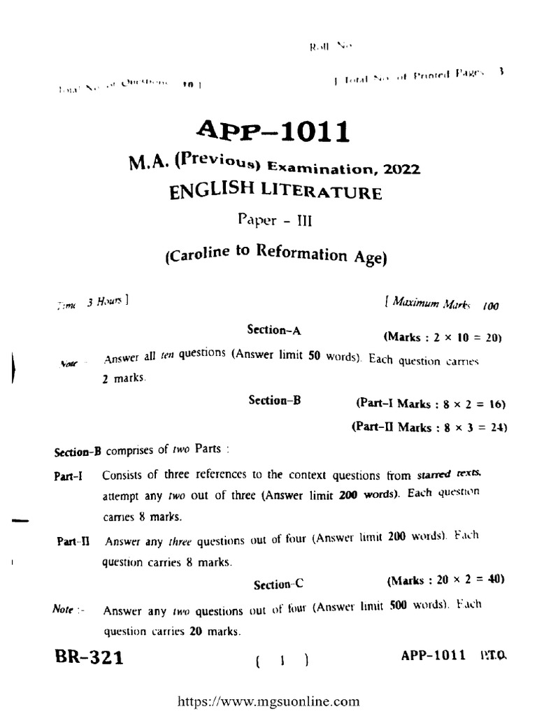 Ma Part 1 English Literature Caroline to Reformation Age App 1011 2022 | PDF