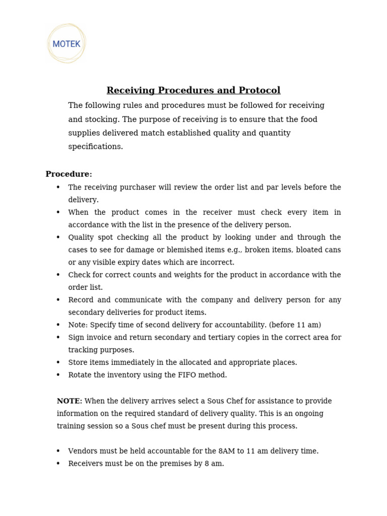 SOP - Receiving Procedures and Protocol Motek | PDF | Inventory