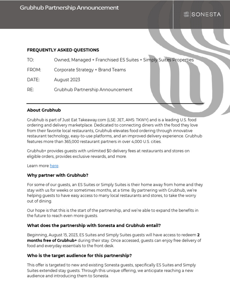 Grubhub X Sonesta Partnership FAQ | PDF | Restaurants | Qr Code