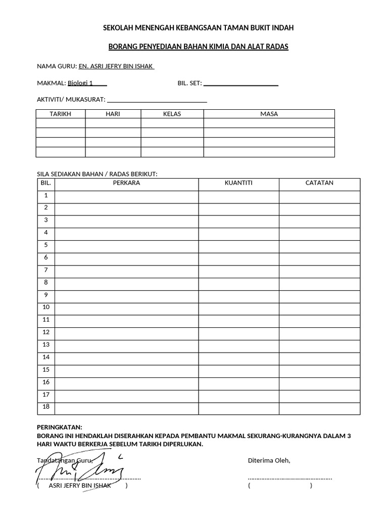 Borang Order Eksperimen - Sains | PDF