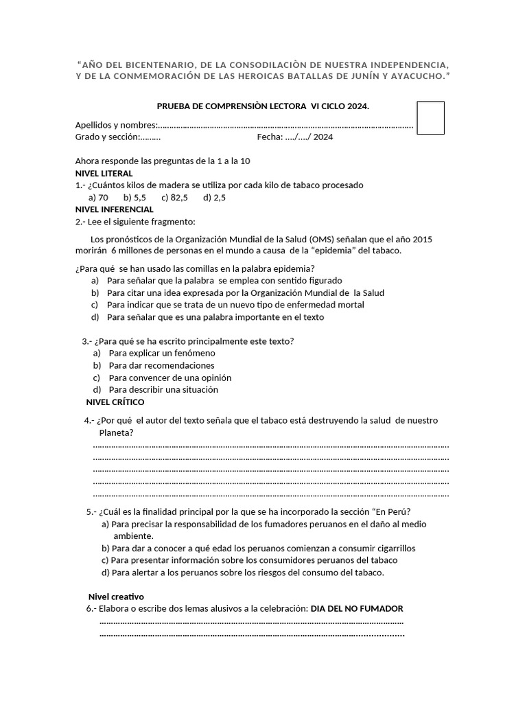 Prueba de Comprension Lectora 1 - 2do Grado 2024 | PDF