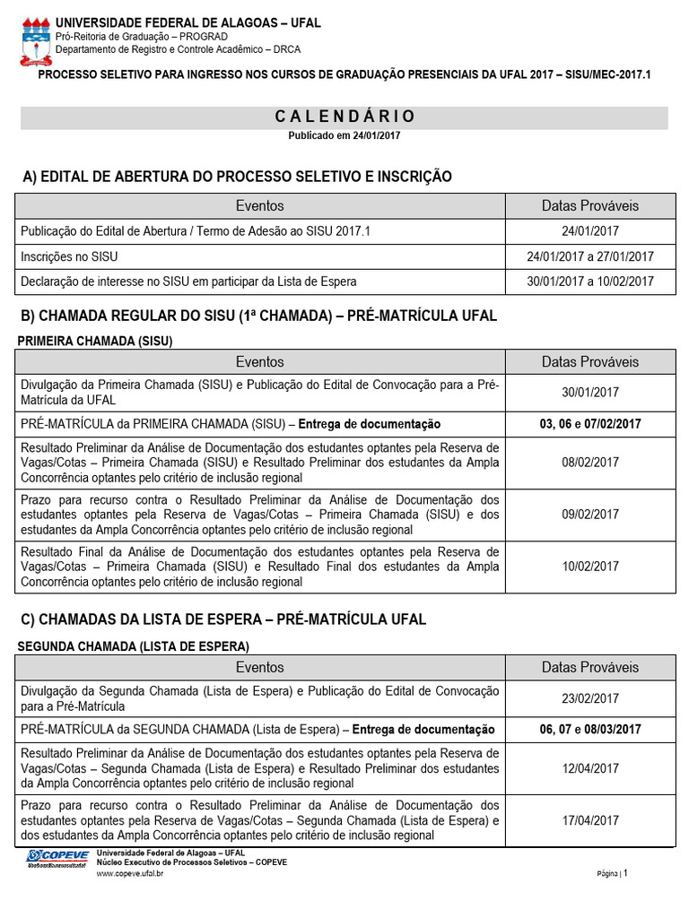 Calendario Do Processo Seletivo UFAL SISU 2017.1 - Atualizado em 01.08.2017 | PDF