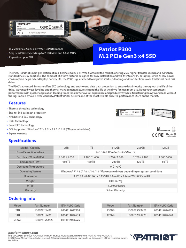 Patriot Product Sheet P300 | PDF | Solid State Drive | Computer Data
