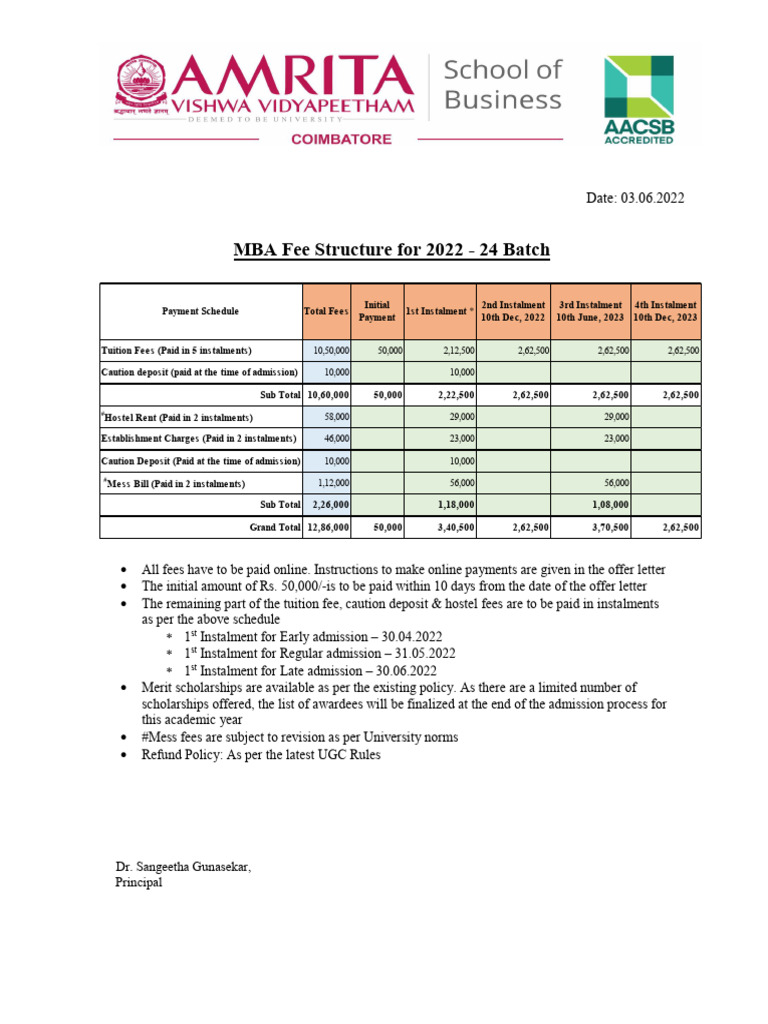 Mba Coimbatore Fee Structure 2022 24 | PDF | Fee | Payments