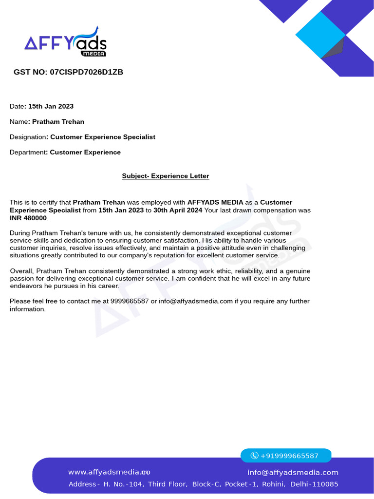 Pratham Experience Letter | PDF | Business