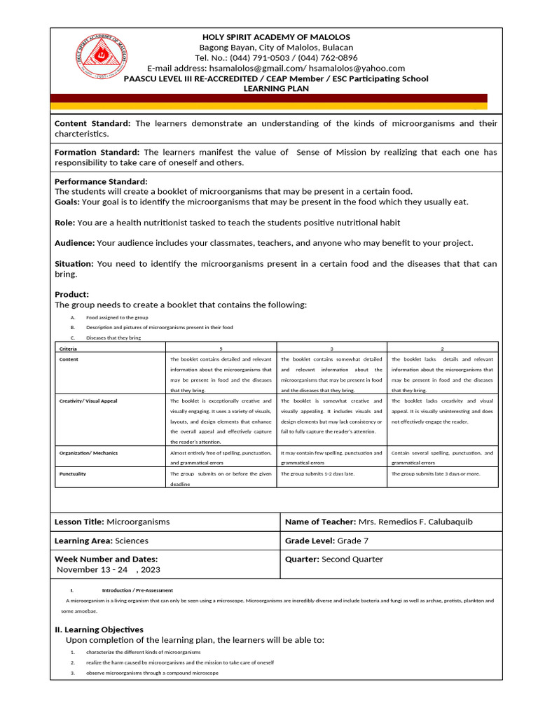 Microorganisms Learning Plan for Grade 7 | PDF | Bacteria | Protozoa