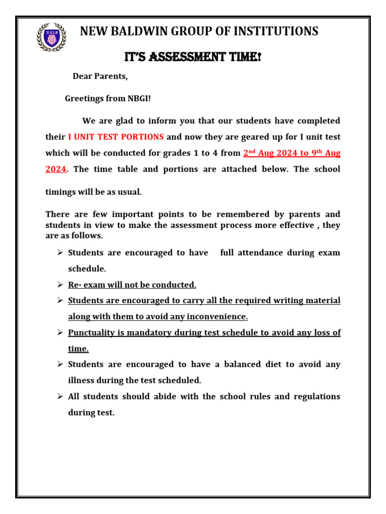 Grade 4 I Unit Test Schedule 2024 | PDF