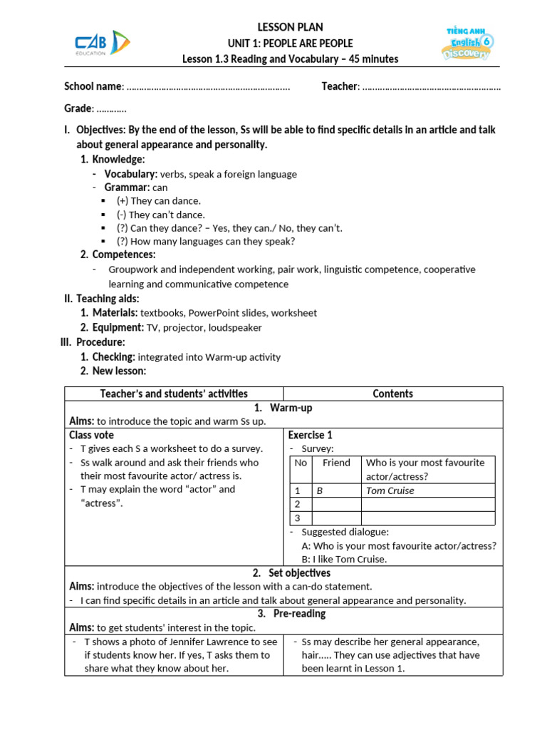 Giáo Án Discovery Tiếng Anh Lớp 6 Theo CV 5512 ED6 Unit1 Lesson 1.3 | PDF | Vocabulary | Linguistics