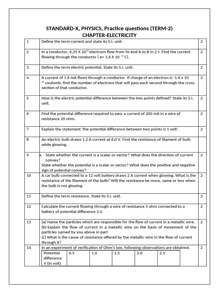 PHYSICS Practice Questions - CL - X-TERM-2 | PDF | Series And Parallel ...