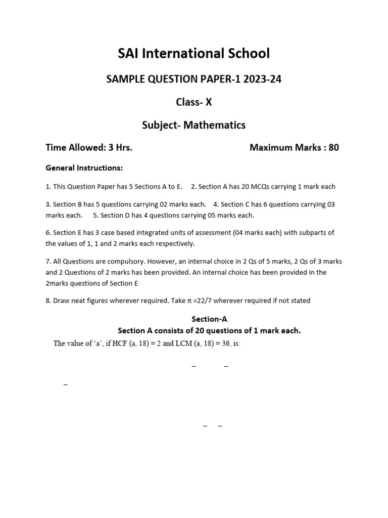 10 - Math SQP-1 QP 2023-24 | PDF | Circle | Area